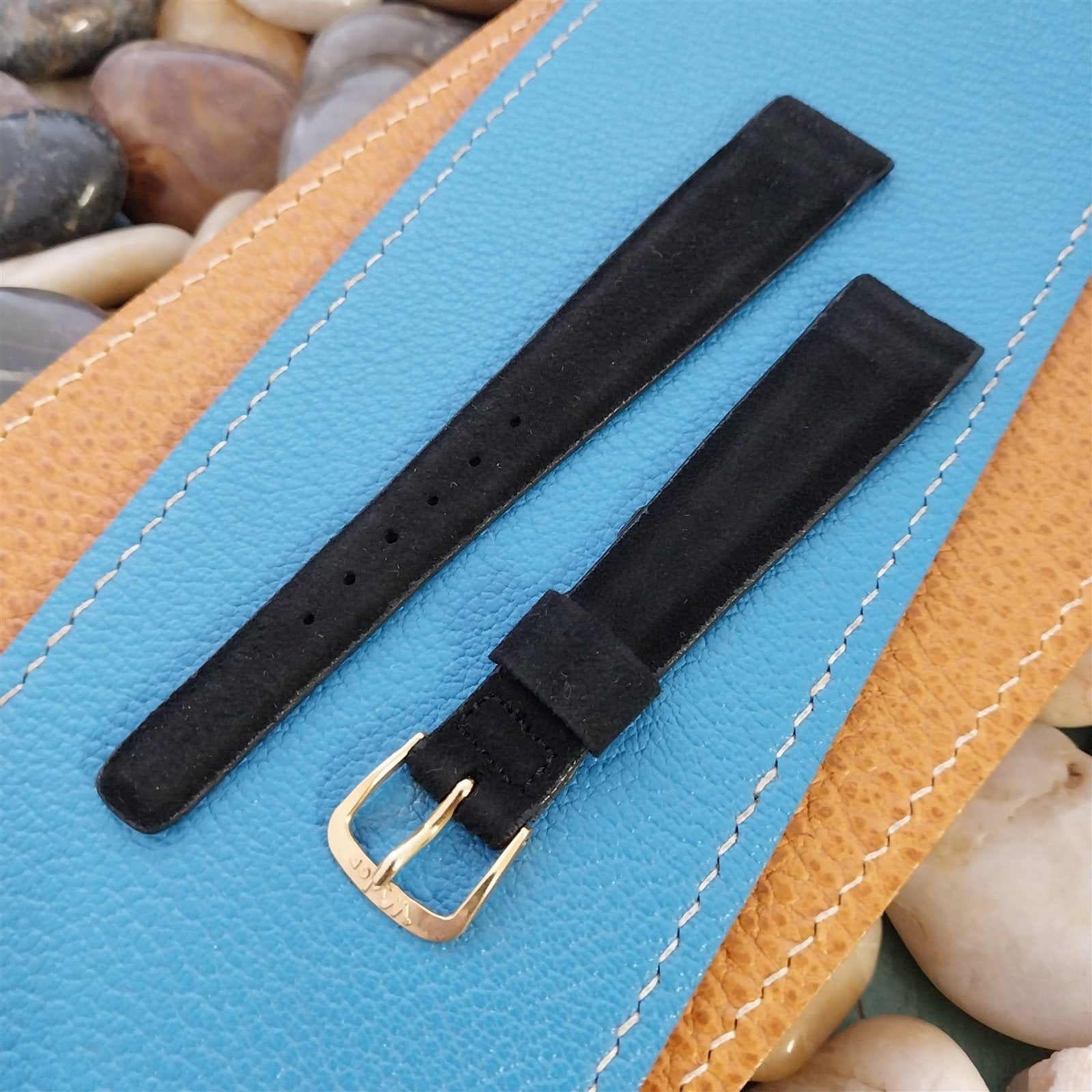 17mm Wyler Black Suede nos 1960s Vintage Watch Band & Gold-Tone Logo B ...