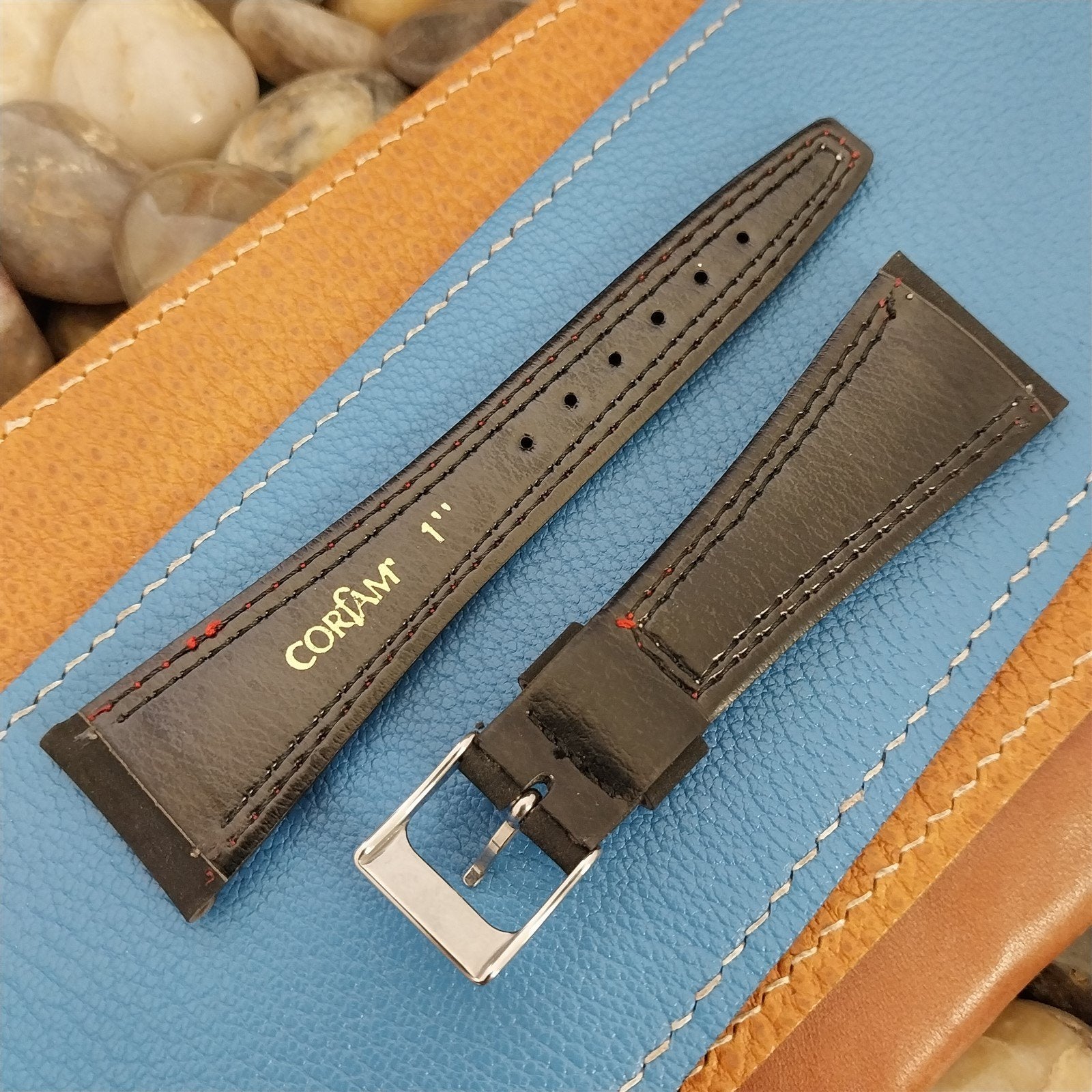 24mm Black Corfam Contrast Stitch Classic Tapered Unused nos Vintage W ...