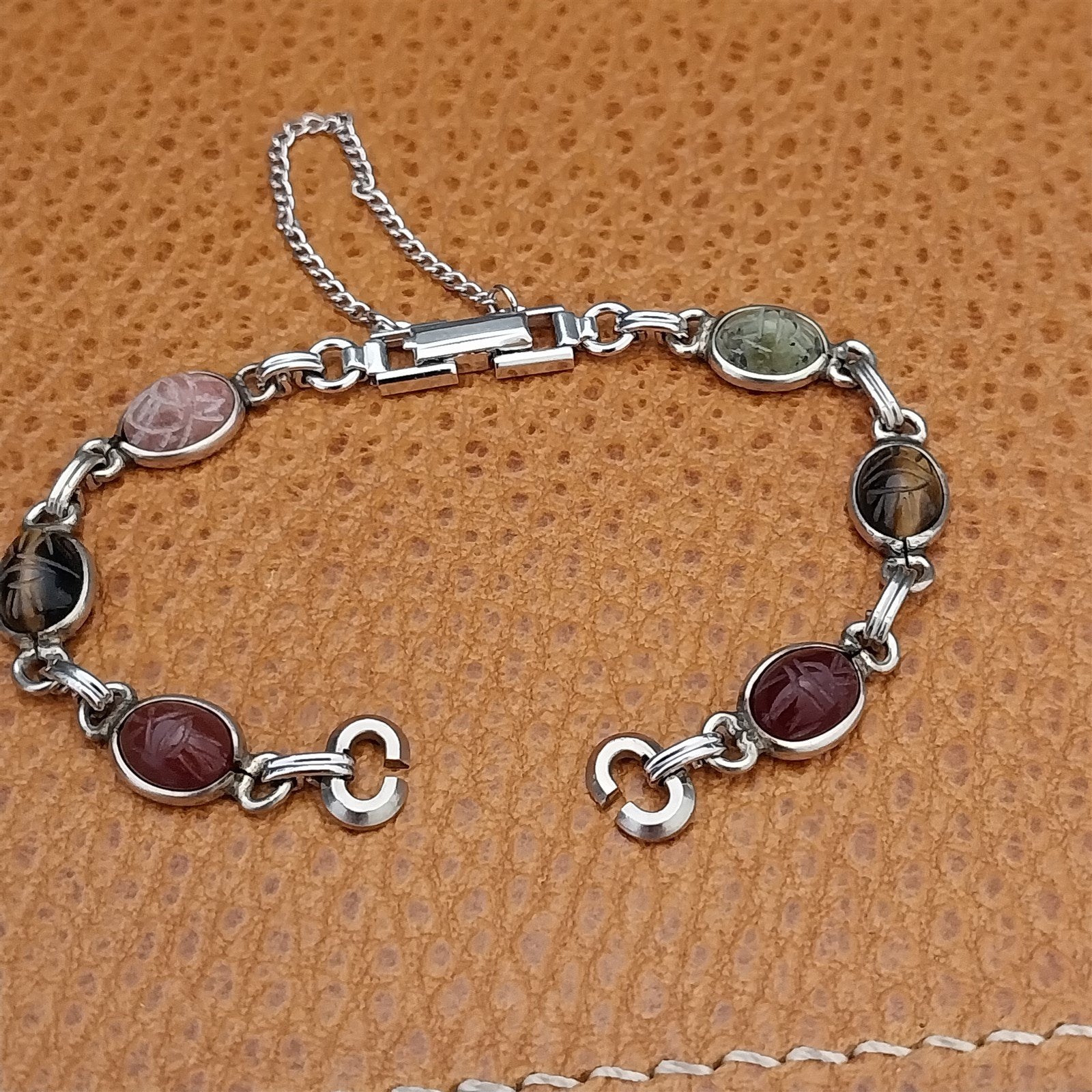 Classic Carved Stone Scarab & White Gold-Filled Ladies 1960s Vintage W ...