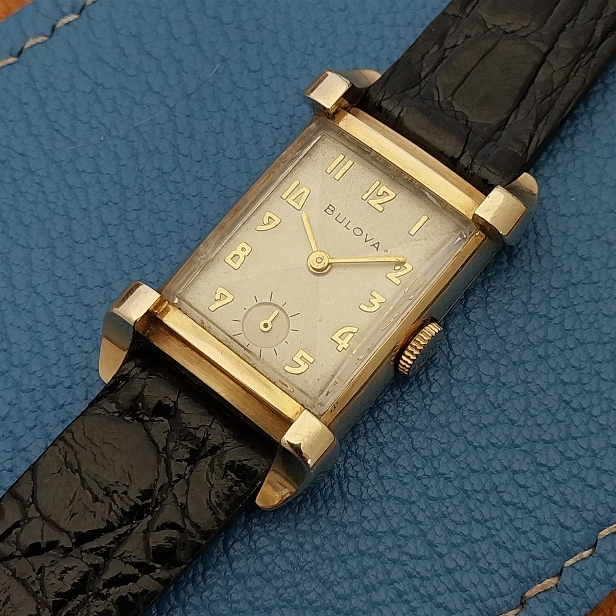 1947 Bulova Gold-Filled MCM Tank Vintage Watch & Unused Alligator Stra ...