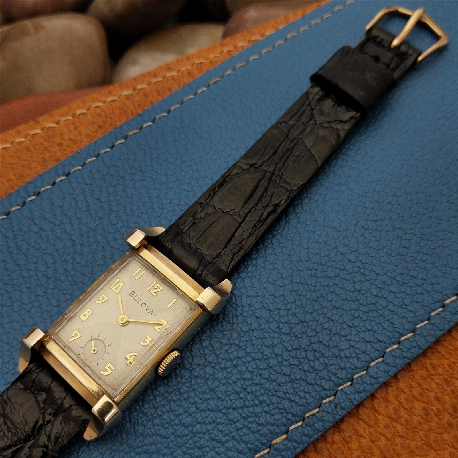 1947 Bulova Gold-Filled MCM Tank Vintage Watch &Unused Alligator Strap ...